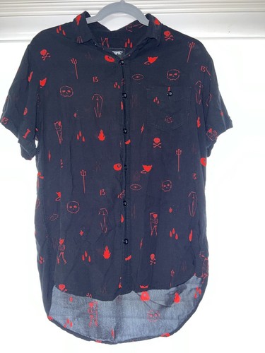 Hot Topic Black Button Up Shirt W Red Coffins Skeletons Blood Bats Size ...