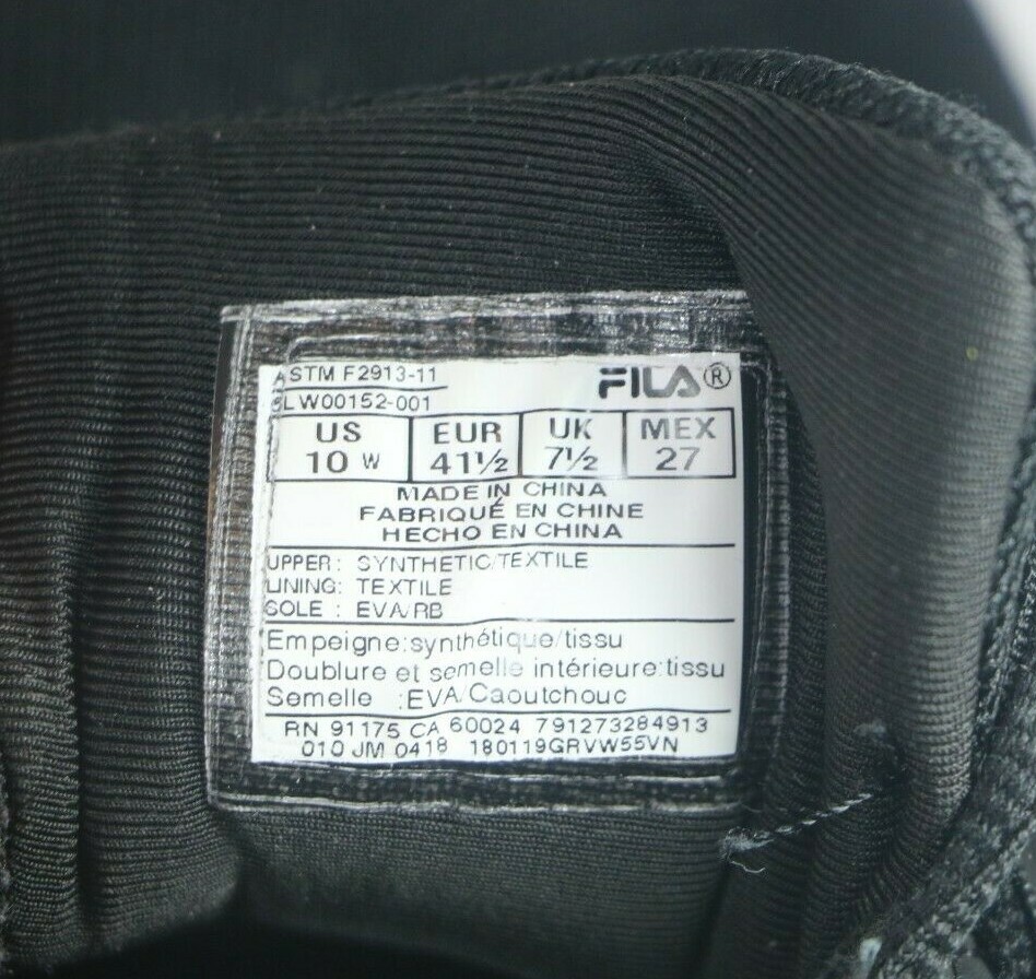 Fila Mens Sneakers Black Men's Workshift Wide Size US 10 ASTM F2913–11 ...