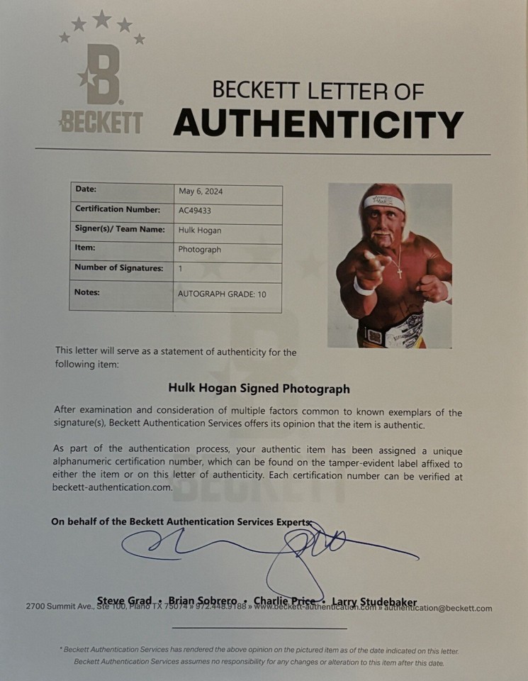 Hulk Hogan Signed 11x14 Photo BAS COA LOA Autograph Grade 10 WWE WWF ...