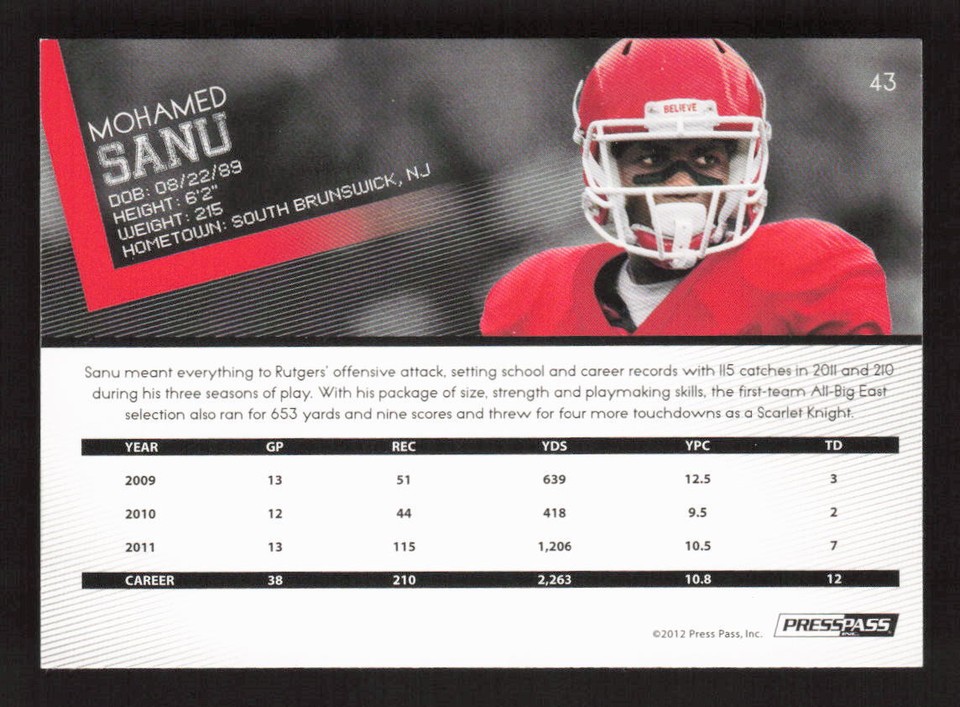 2012 Press Pass #43 Mohamed Sanu Rutgers Scarlet Knights | eBay