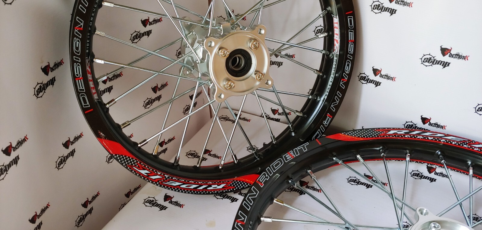 Pit Bike wheels . Black 17" Front 14" Rear 15mm SDG silver billet hubs ...