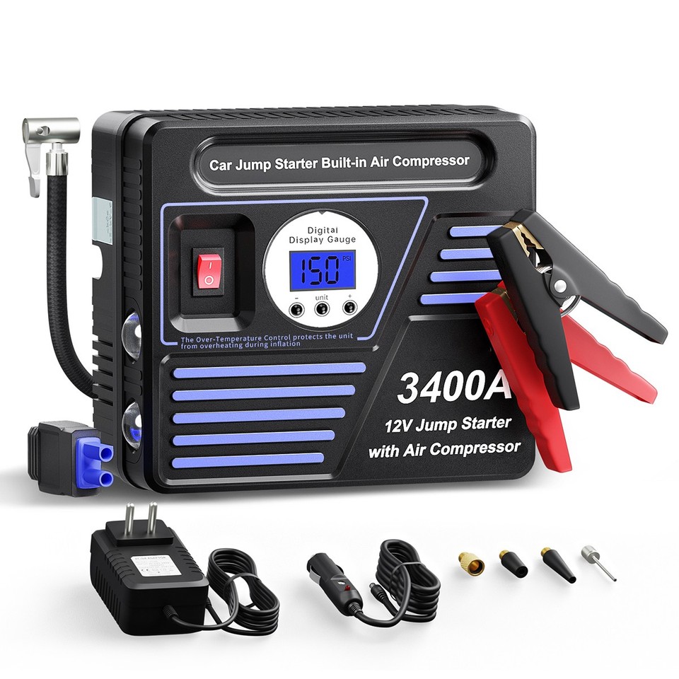 Portable Jump Starter 3400 Peak Power Bank Heavy Duty + w/Digital Air ...