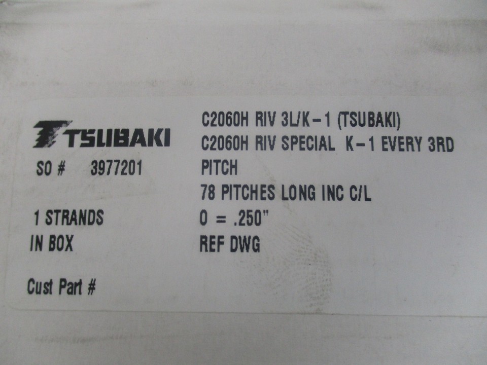TSUBAKI C2060H RIV 3L/K-1 ROLLER CHAIN K-1 ATTACHMENT EVERY 3RD LINK 10 ...