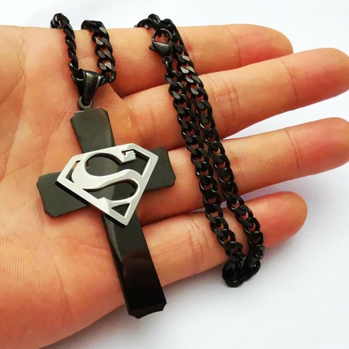 Men Stainless steel Superman design Cross charms pendant necklace Curb ...