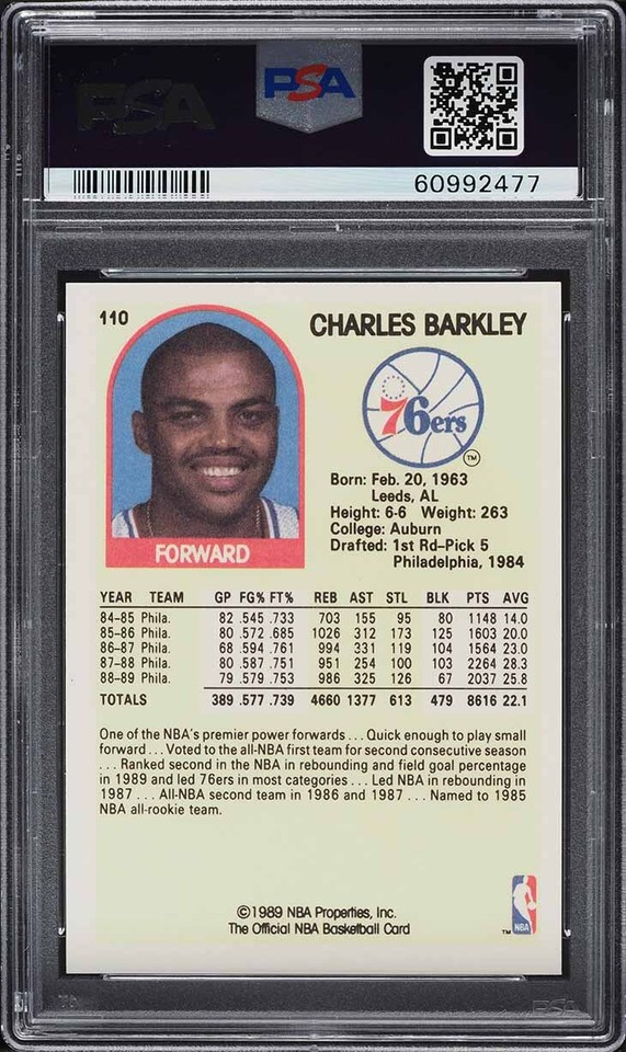 1989 Hoops Bkb Card #110 Charles Barkley Philadelphia 76ers HOF PSA 9 ...