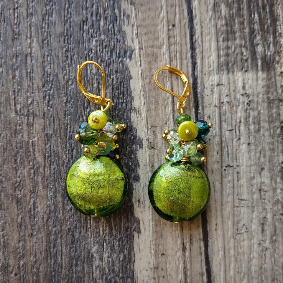 Handmade Bauble Gem / Glass / Pearl Mix Gold Tone Chandelier Earrings ...