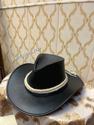 Genuine Black Leather Arthur Morgan Style Western Cowboy Hat For Men ...
