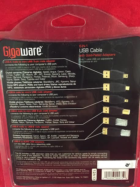 *NEW* GIGAWARE 6-IN-1 USB CABLE WITH GOLD PLATED ADAPTERS-PC-MAC ...