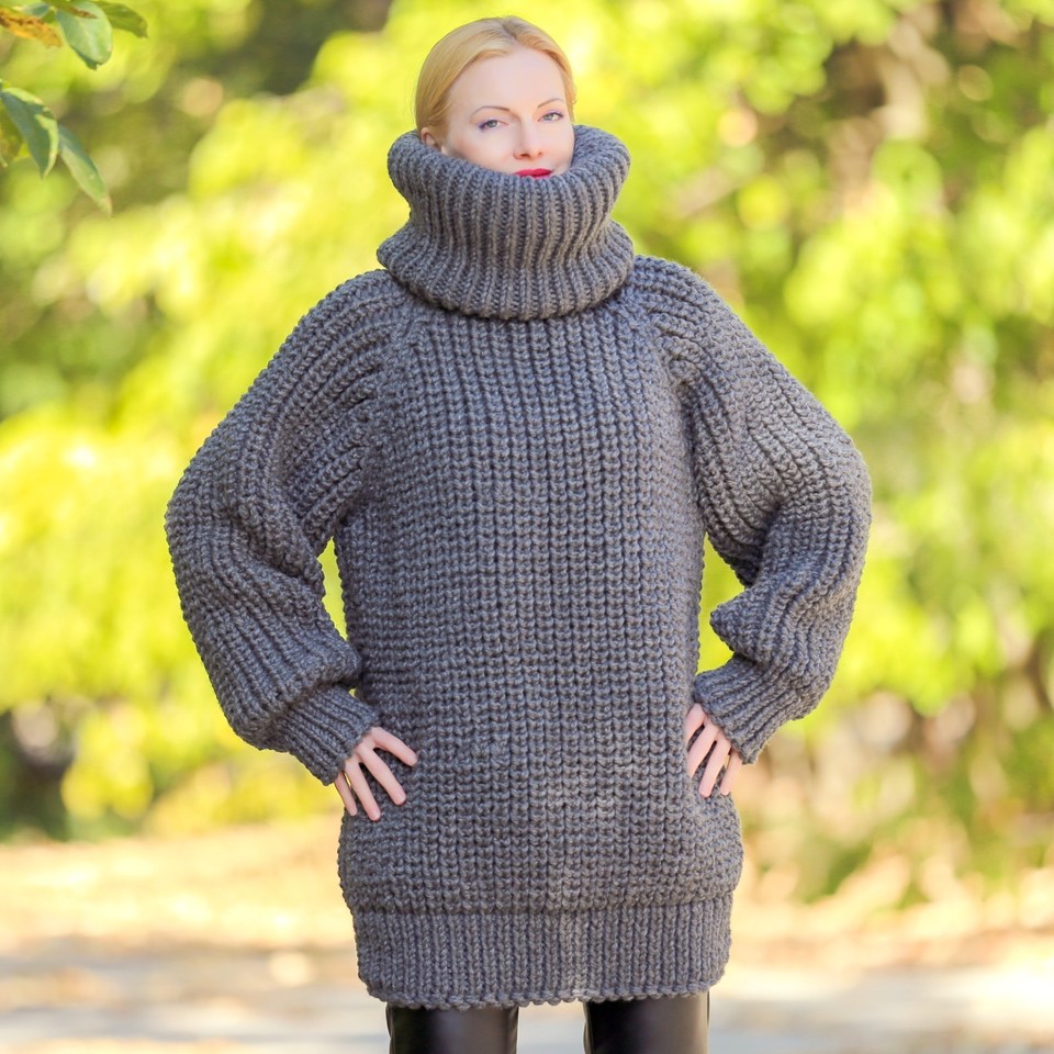 SUPERTANYA gray thick wool sweater with extra long turtleneck handknit ...