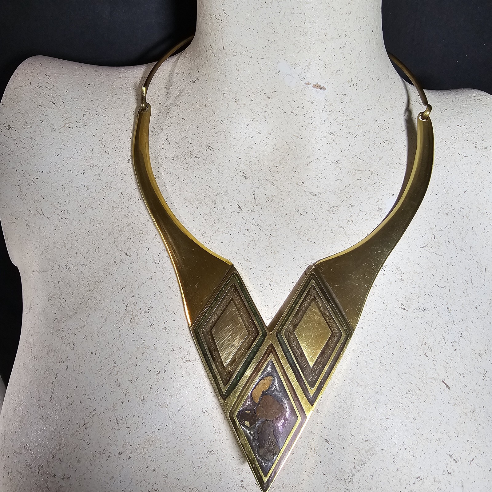 Modernist Brass Statement Torque Collar Necklace Enam… - Gem