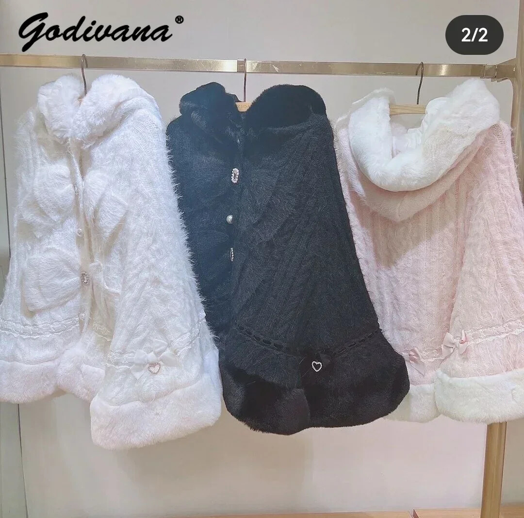 Women's Soft Thick Double-Layer Big Ribbon Hooded Knitted Cloak Autumn ...