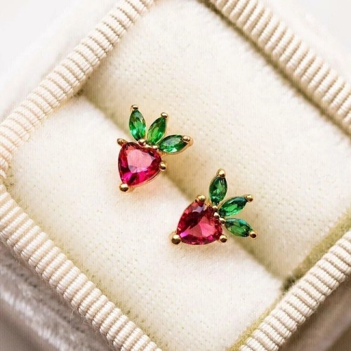 2 Ct Heart Cut Simulated Red Ruby Heart Pretty Earring 14k Yellow Gold ...