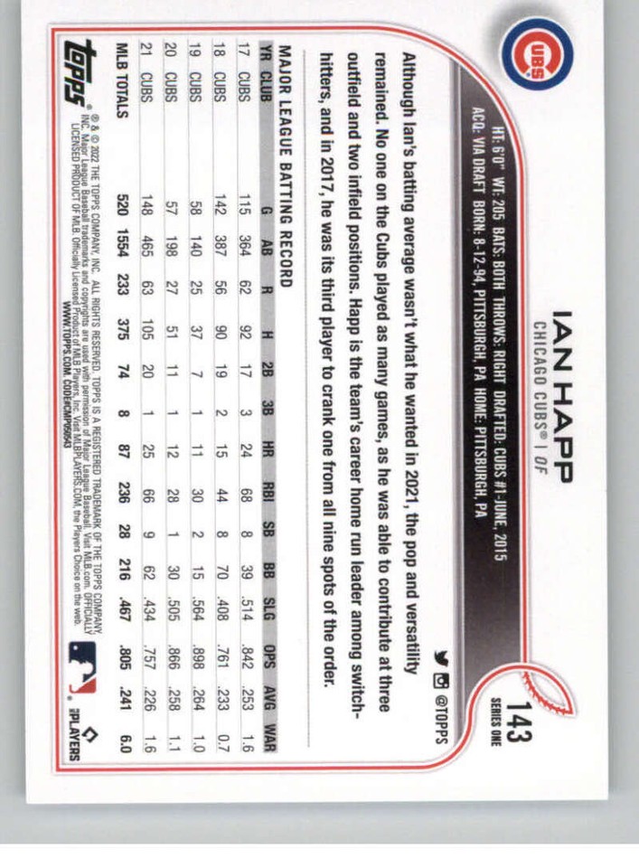Ian Happ 2022 Topps Factory Sets All-Star Game #143 MLB Cubs ID:40407 ...