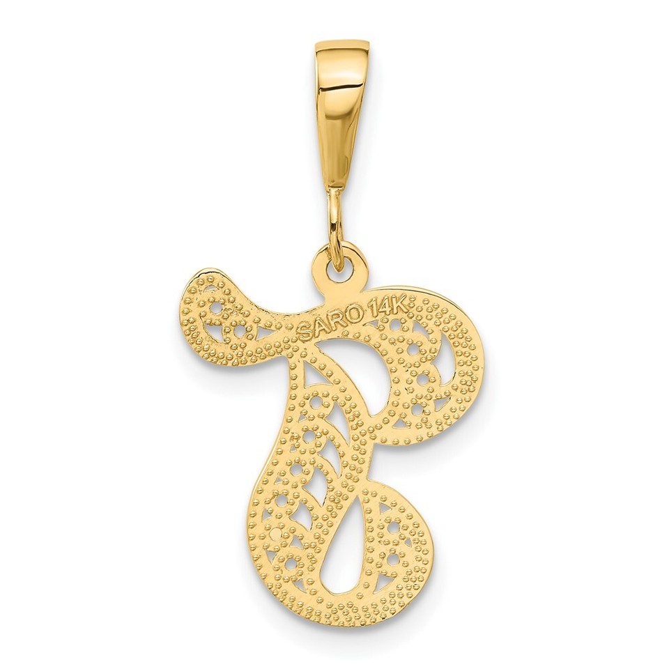 Real 14kt Yellow Gold Polished Script Filigree Letter T Initial Pendant ...