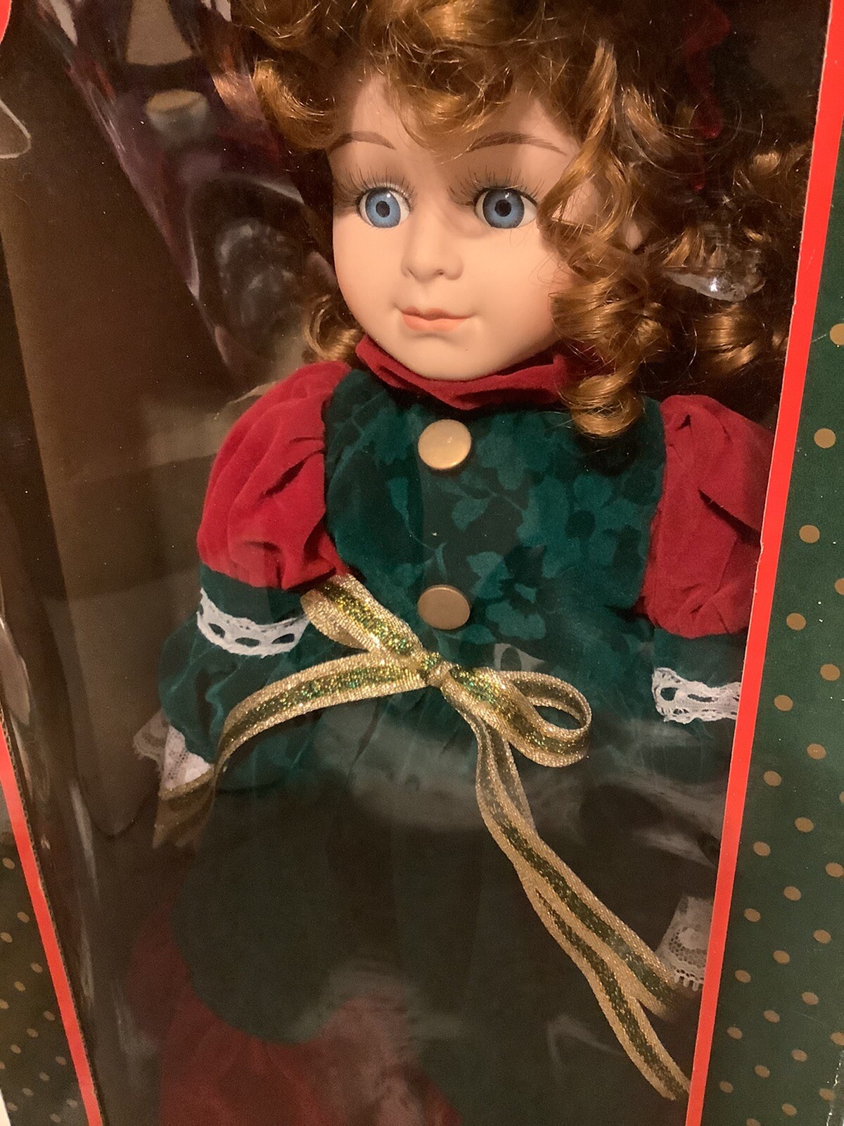 1991 17" Anco porcelain doll Christmas Holiday Mint Box W/Stand Ginger ...