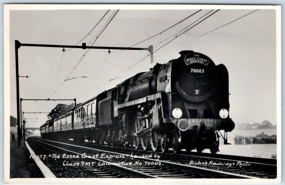 c1940s British Railways RPPC Essex Coast Express 70003 Train Locomotive ...