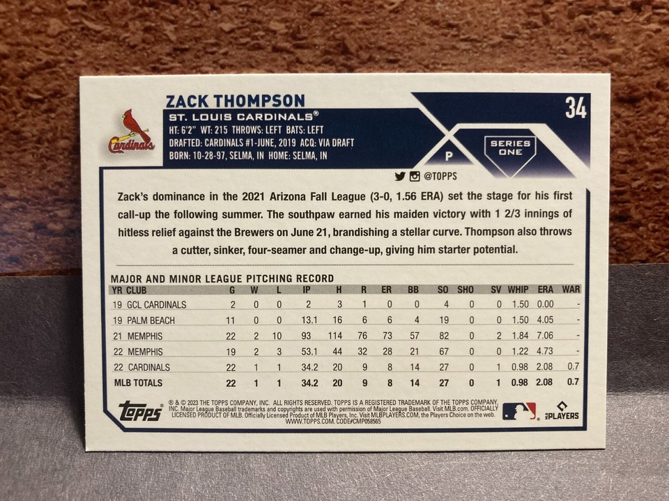 2023 Topps #34 Zack Thompson Baseball Card St. Louis Cardinals Rookie ...
