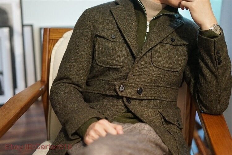 Man Retro British Style Tweed Wool Blend Hunting Suit Jacket Coat Plus ...
