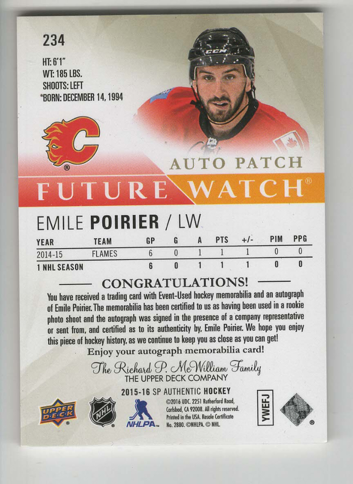 2015-16 UD SP AUTHENTIC #234 EMILE POIRIER FUTURE WATCH AUTO PATCH 35/ ...