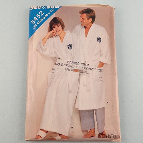 Butterick See & Sew 5452 Vintage Sewing Pattern Unisex Robe & Belt Size ...