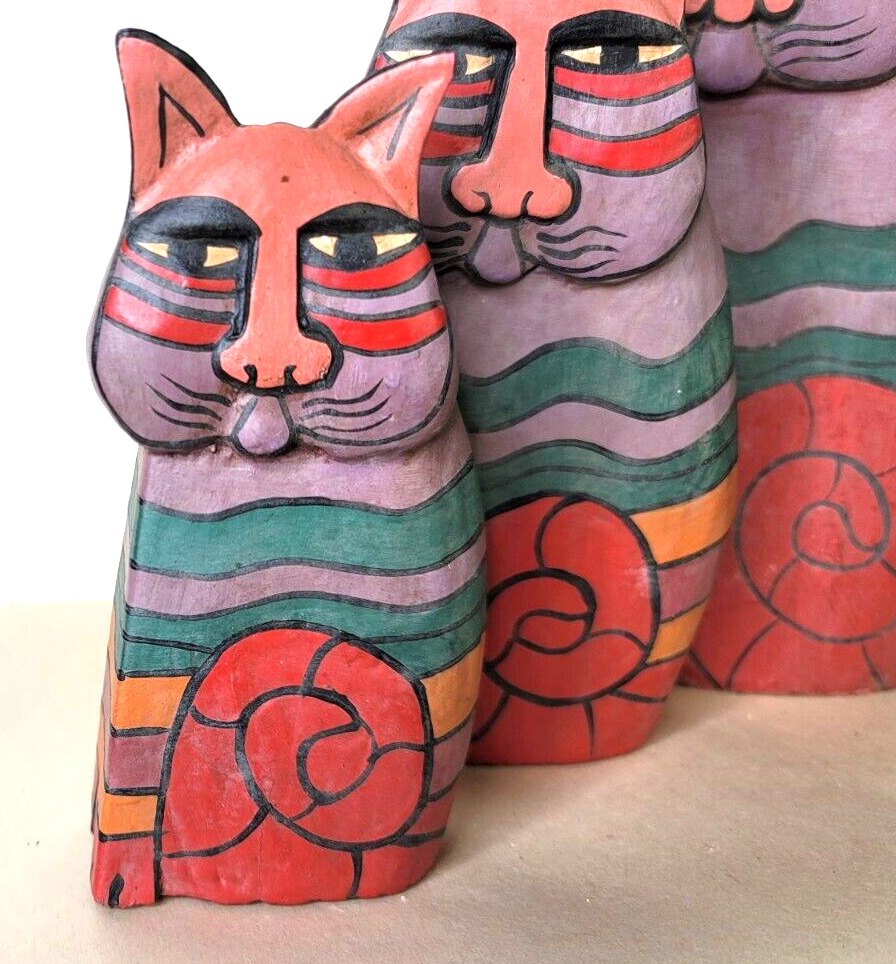 Set of 3 Laurel Burch Style Cats Wood Hand Painted Indonesia F | eBay
