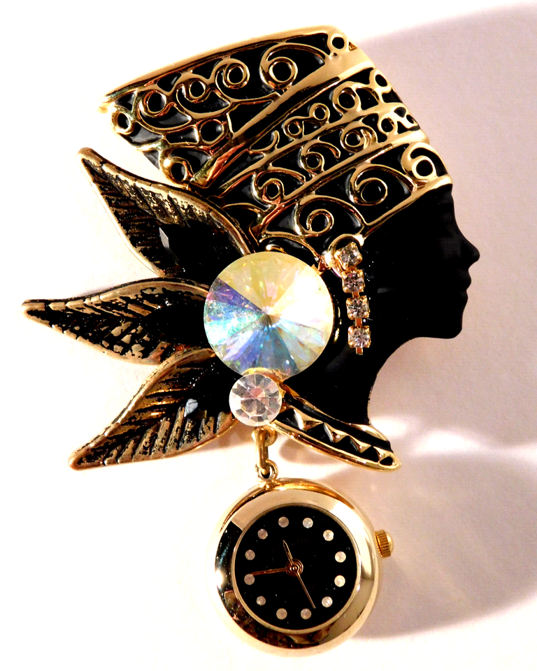 Vtg. Bonetto Egyptian Queen Nefertiti Watch Brooch Pin with Crystals ...