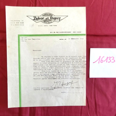 N° 16133 / Lettre en tète ; Carrosserie automobile ZABOR et DUPUY a ...