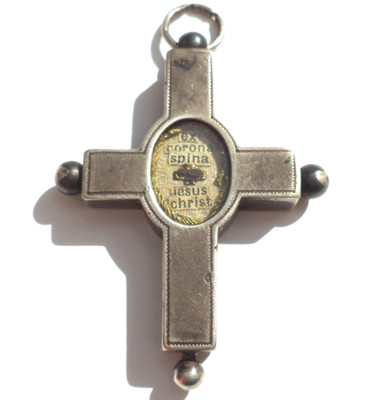 SILVER CROSS LOCKET RELIQUARY w/ CRUCIFIXION RELIC CROWN OF THORNS ...
