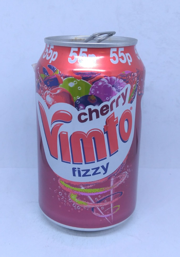 Empty Cherry Vimto Fizzy soda can; 330 ml / 11.2 fl oz; TOP opened (UK ...