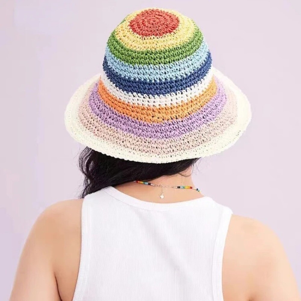 Straw Knit Cap Rainbow Color Dome Hat Casual Sunscreen Hat Outdoor | eBay