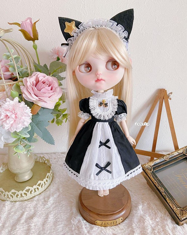 JANAYA Handmade Blythe Clothes Obitsu 24 Clothes Black Cat Dress 3 ...