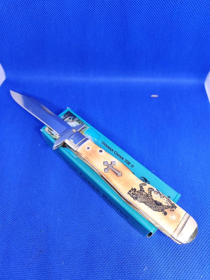 Guardian Angel Lock Back Cheetah Knife Burnt White Bone Handles Cheetah ...