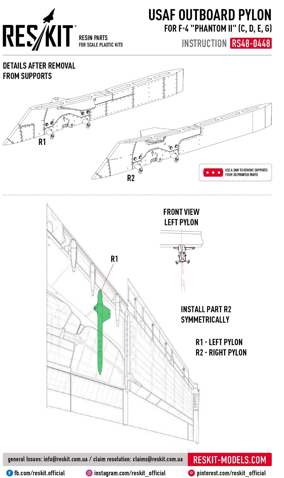 USAF Outboard pylons for F-4 Phantom II C D E G 2pcs Scale 1 48 ResKit ...