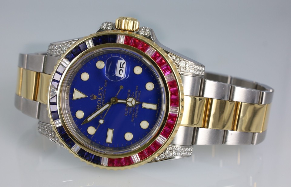 Rolex Submariner 116613LB Blue Dial | Custom Gem Bezel | Diamonds | eBay