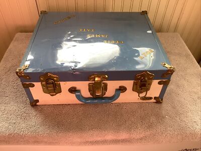 vintage blue and white cub metal roller skate case withgold skates used ...