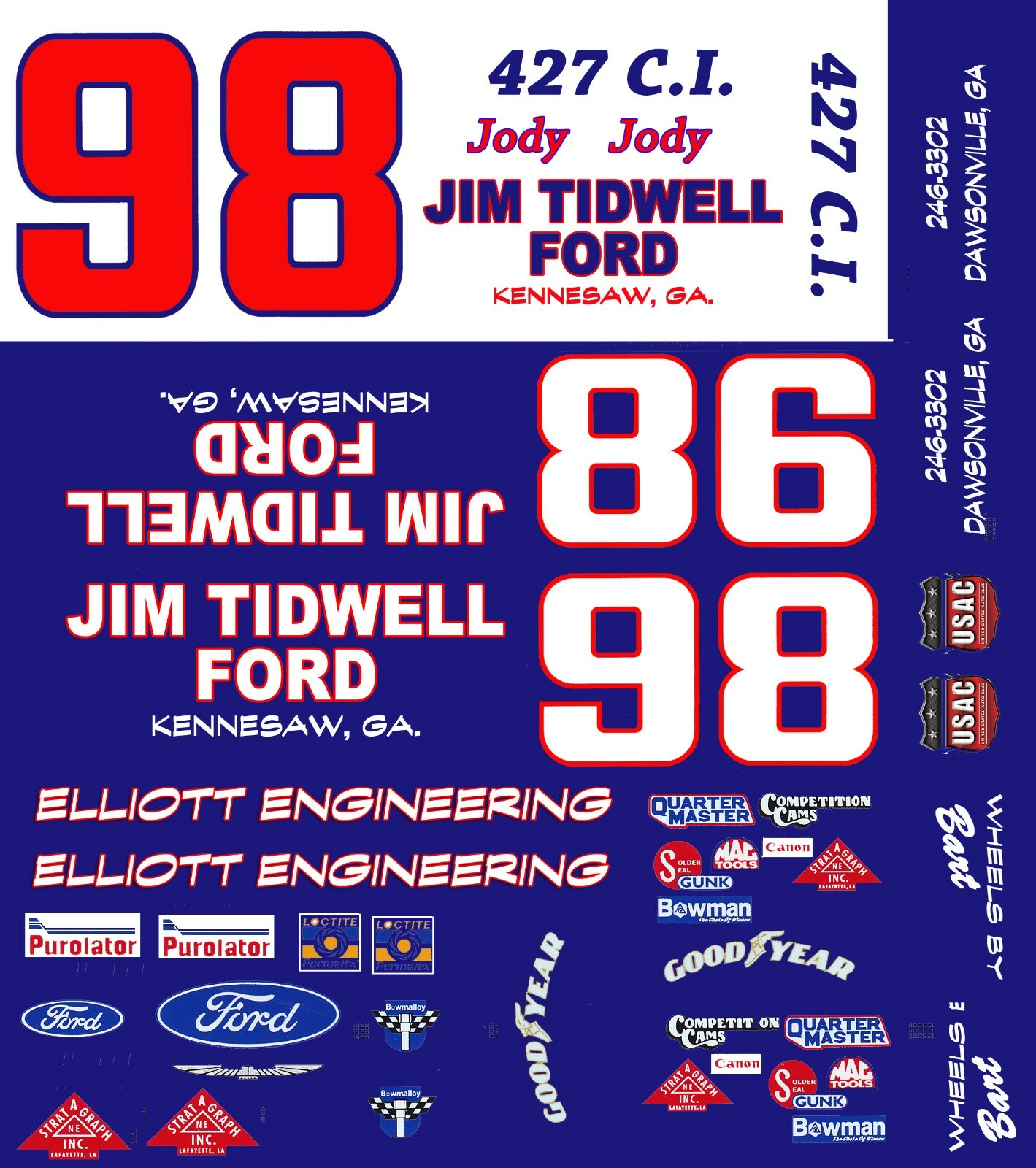 #98 Jody Ridley Mustang or Falcon 1/24th - 1/25th Scale Waterslide ...