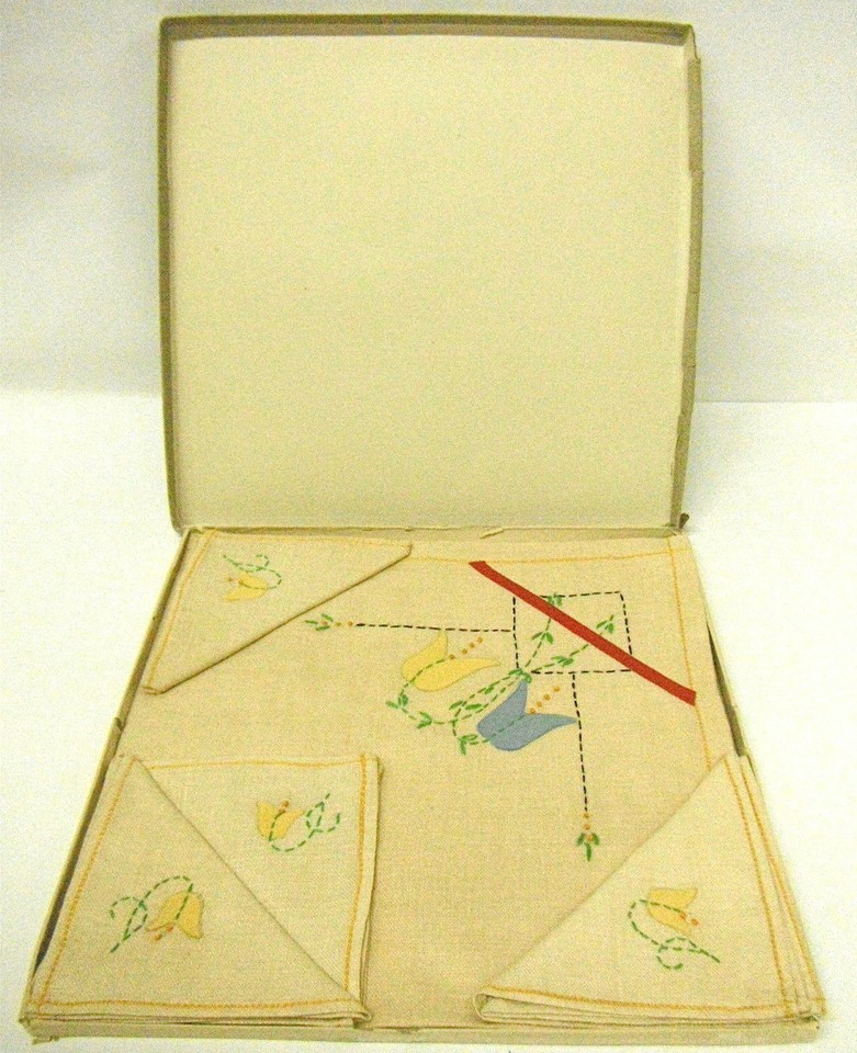 Vintage Antique Boxed Hand Embroidered Bridge Set Table Cloth + Napkins ...