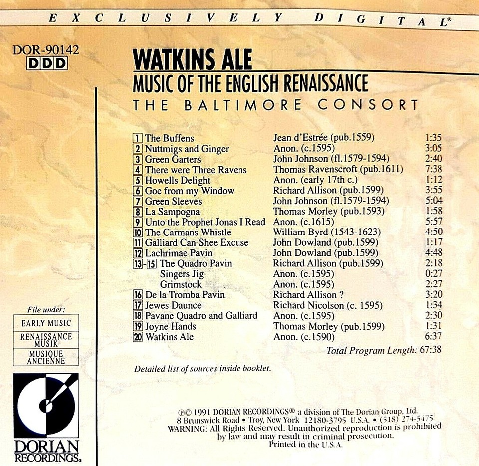 Watkins Ale - "The Baltimore Consort" - ( CD - Dorian Records ) | eBay