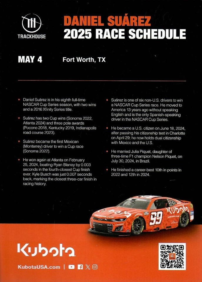 2025 DANIEL SUAREZ "KUBOTA - TEXAS" #99 NASCAR CUP SERIES POSTCARD | eBay