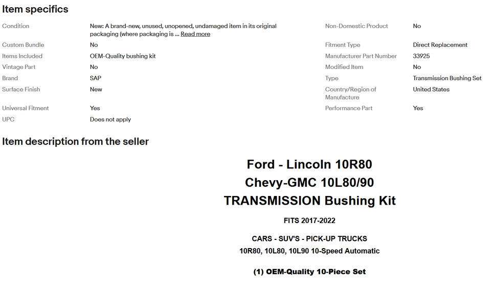 fits Ford 10R80 GM 10L80 90 Transmission Bushing Kit 10-pc Teflon ...