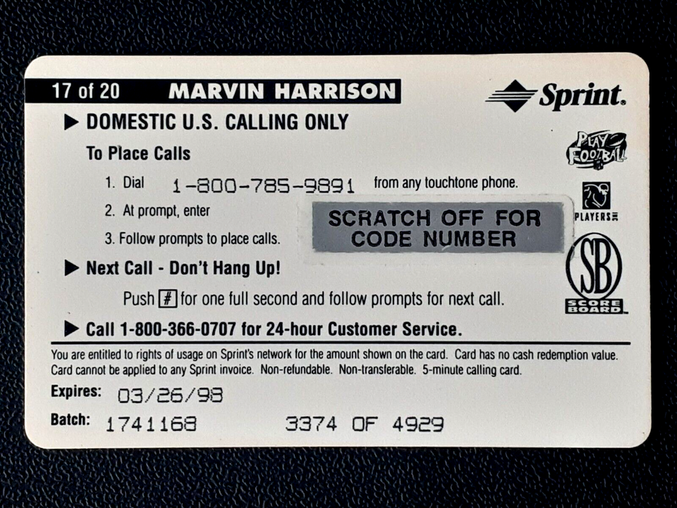 MARVIN HARRISON 1996 PRO LINE INTENSE / SPRINT PHONE CARD NO 17 50163 ...