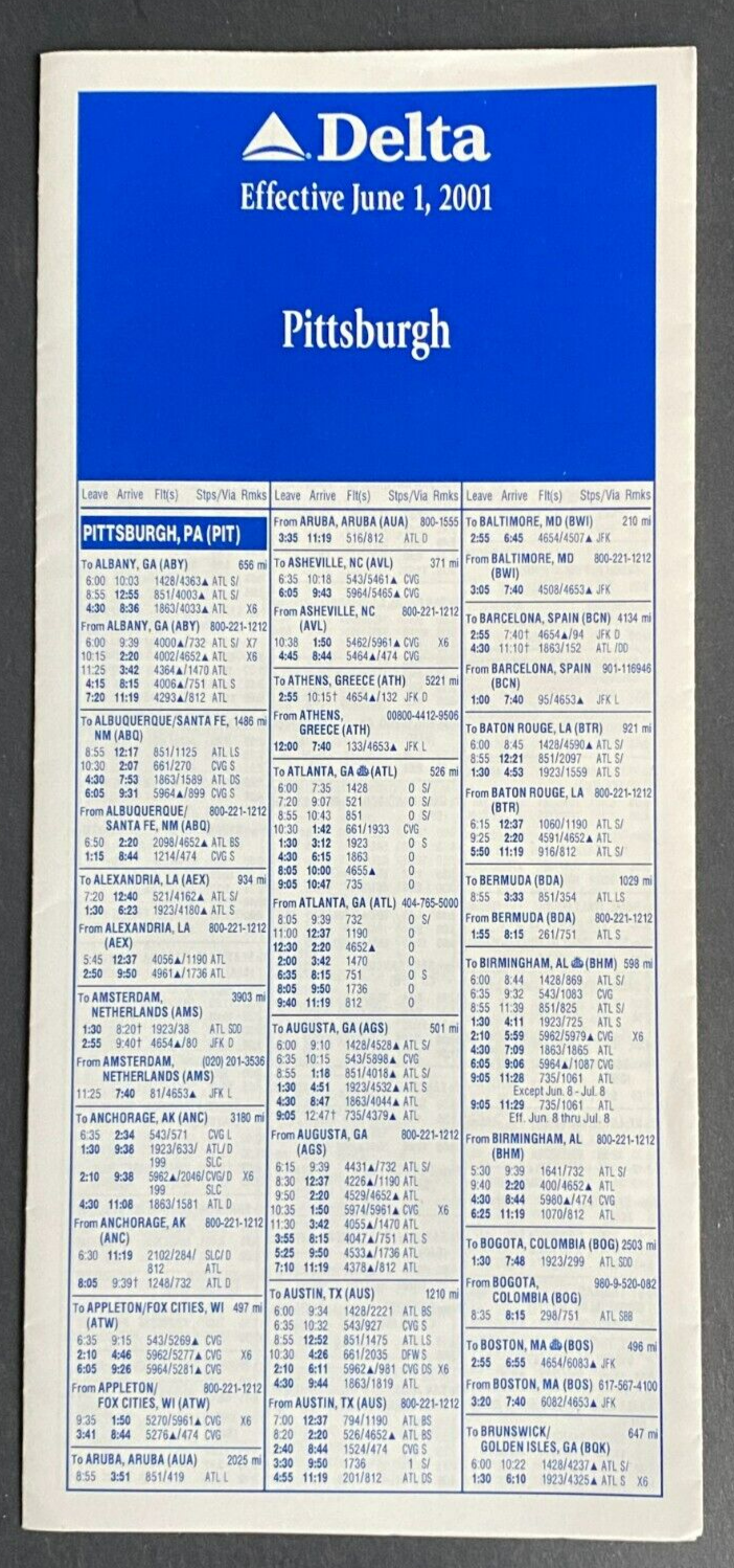 Delta Airlines PITTSBURGH Timetable Effective June 1, 2001 | eBay