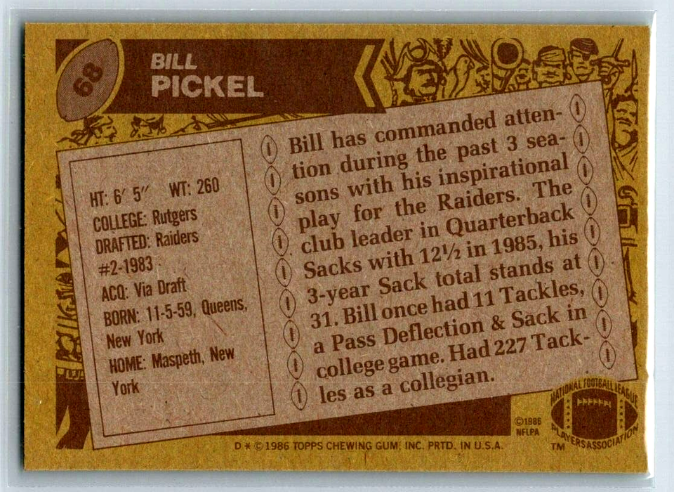 1986 NFL Topps Bill Pickel #68 Oakland Raiders 86-TFBC | eBay