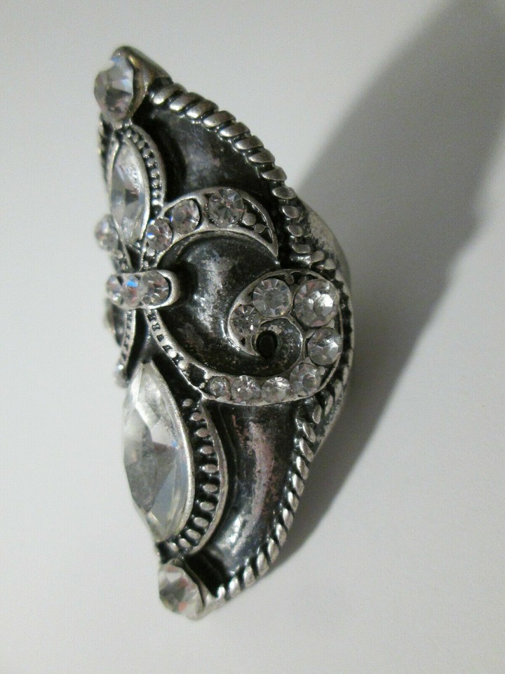 Fleur de Lis Shield Statement Ring Untested Silver Tone Rhinestone ...