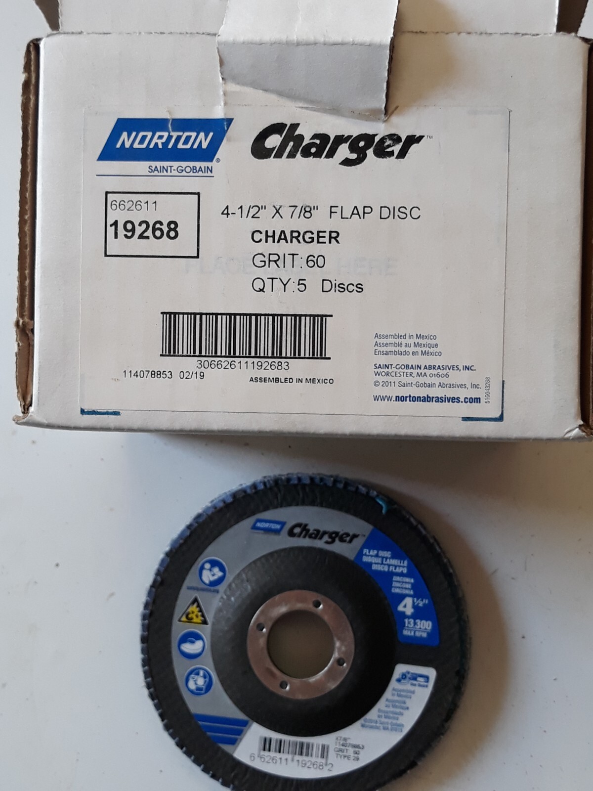 Norton 19268 Zirconia Flap Disc Charger Type 29 60 Grit 4-1/2" /8" for ...