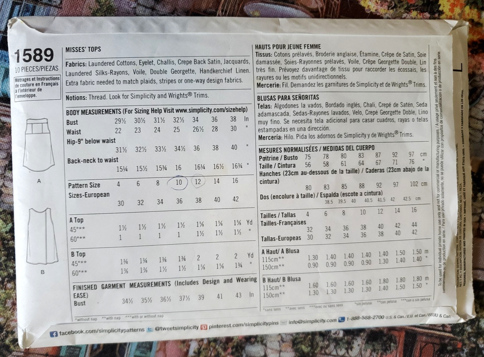 Simplicity Sewing Pattern 1589 Misses Tops Tank Scoop Neck Sizes 4-16 ...