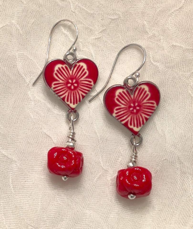 SWEET ARTISAN HANDMADE ENAMEL RED HEART EARRINGS WITH VINTAGE CERAMIC ...