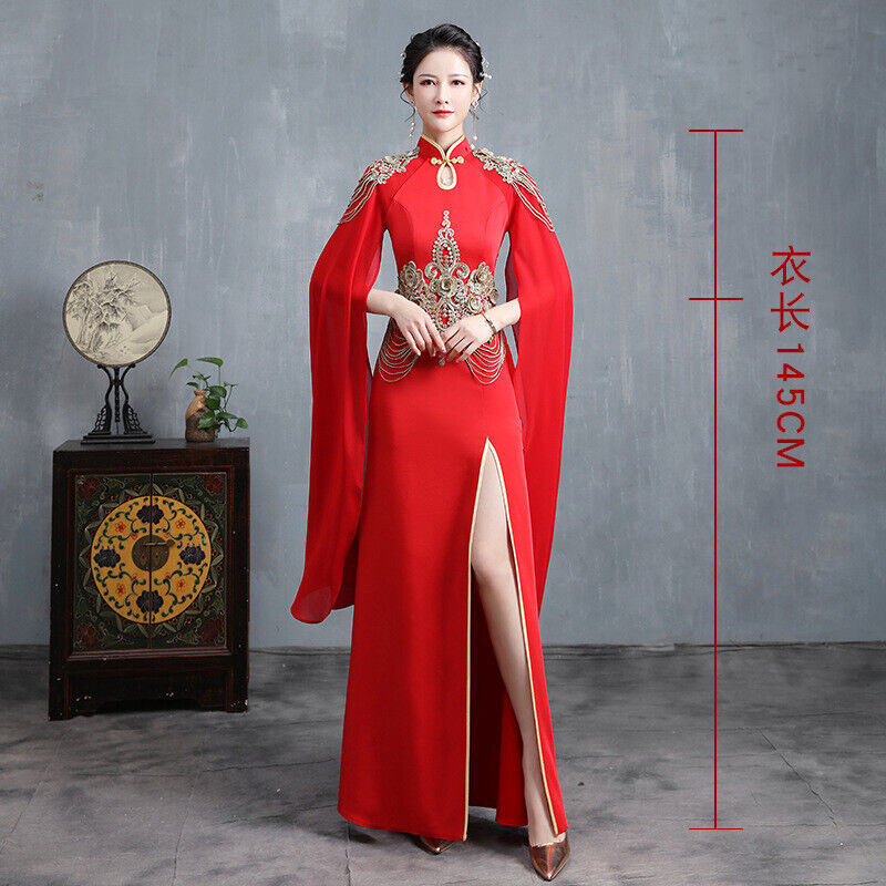 Womens Chinese Improved Cheongsam Embroidery Floral Qipao Split Sleeves ...