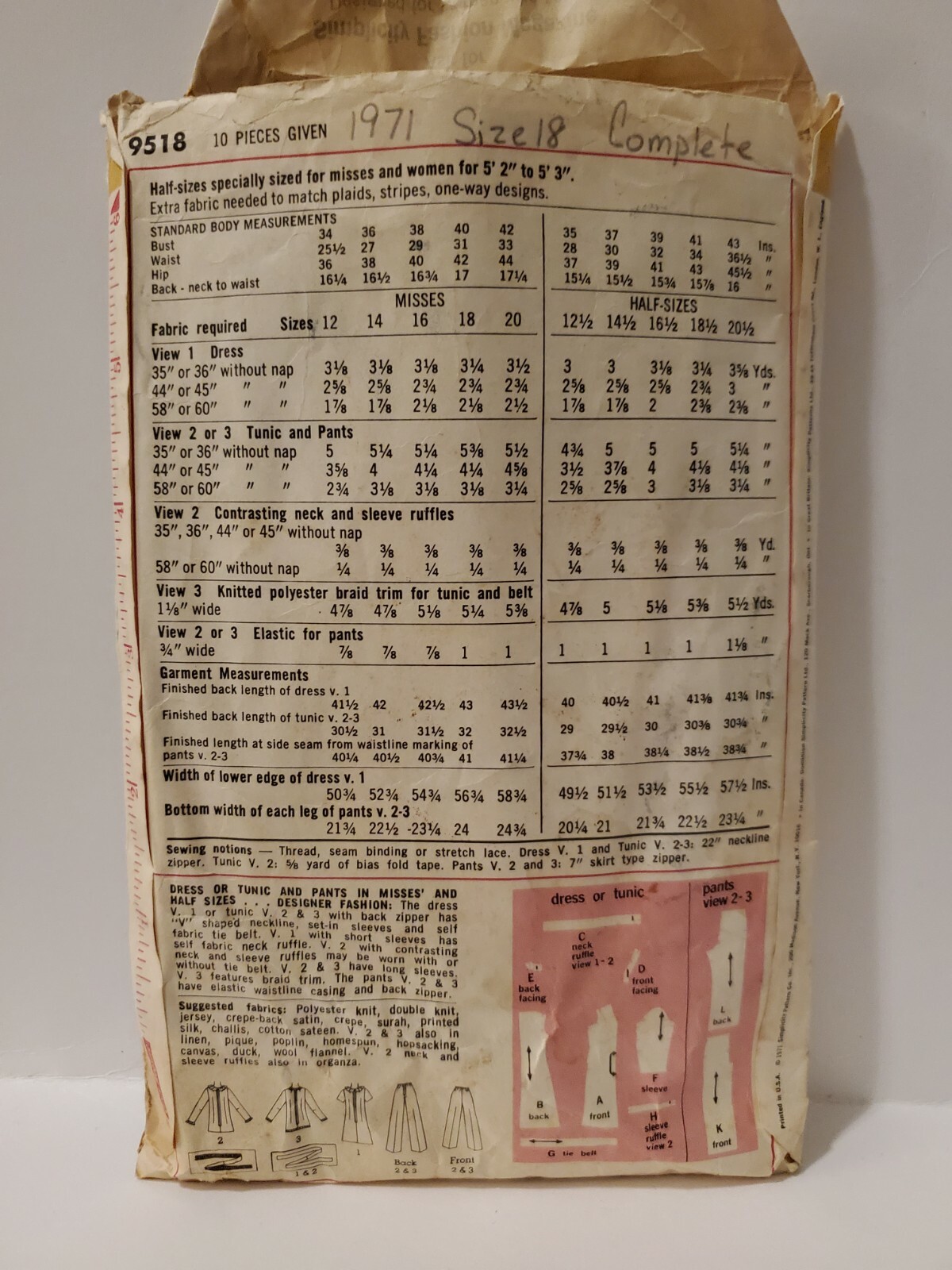 Simplicity 9518 Size 18 Bust 40 Inches Cut and Complete 1971 | eBay