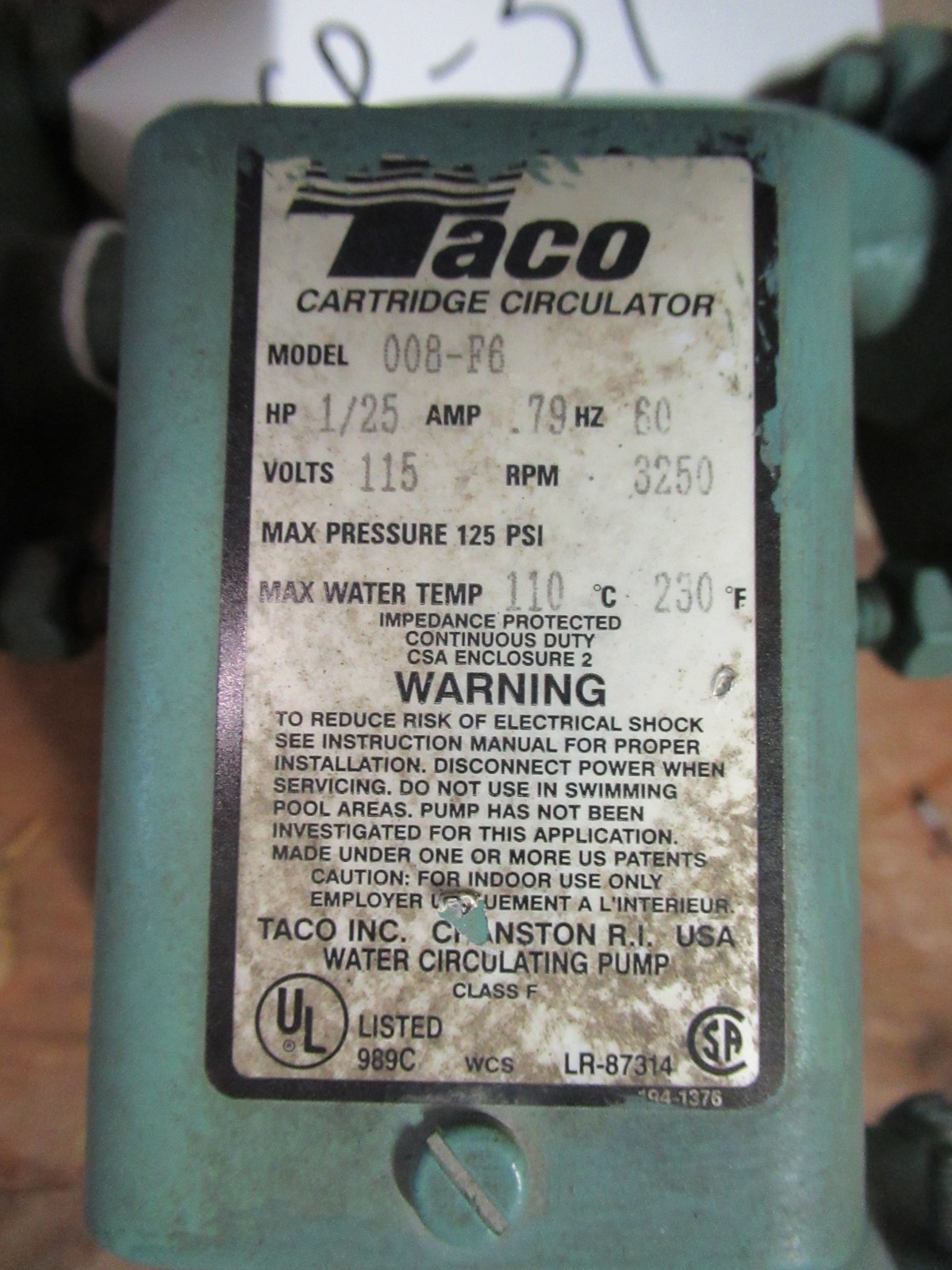 TACO CENTRIFUGAL PUMP 008-F6 1/25HP 3250RPM 115V 0.79A **WARRANTY ...